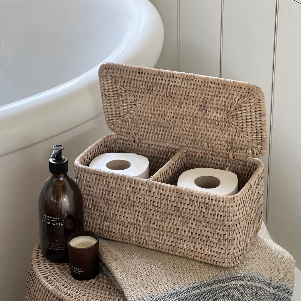 Rattan Double Toilet Roll Tissue Container Natural Whitewash – Cowshed ...