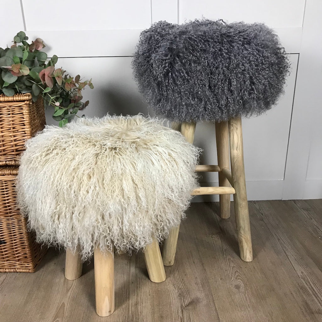 Rustic Stool with Tibetan Sheepskin Seat Cushion 2 Sizes 2 Colours ...